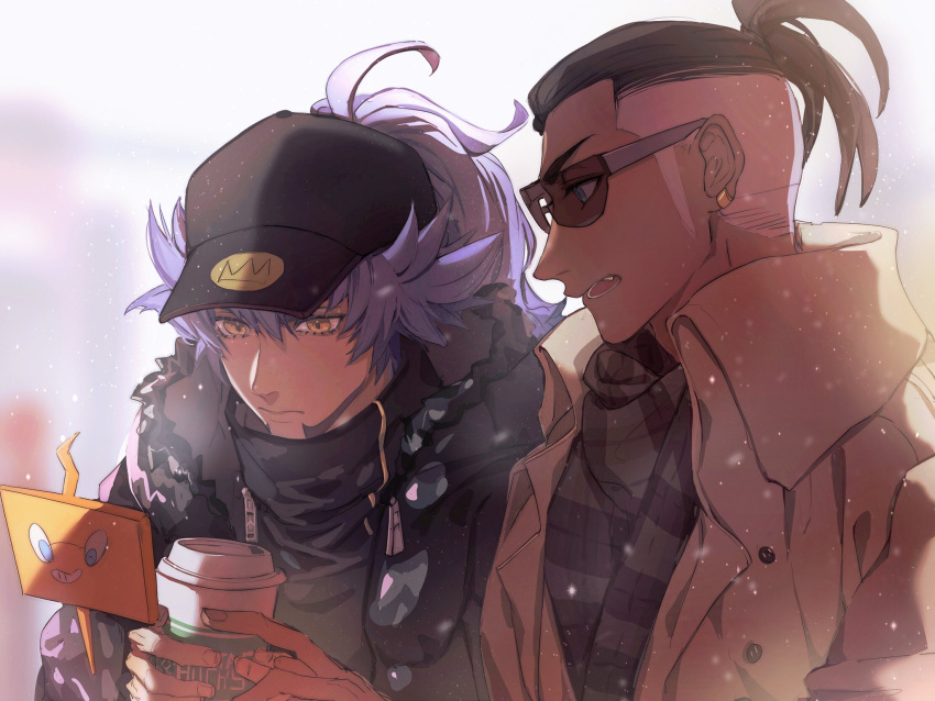 Safebooru - 2boys black hair brown jacket closed mouth coffee collared ...