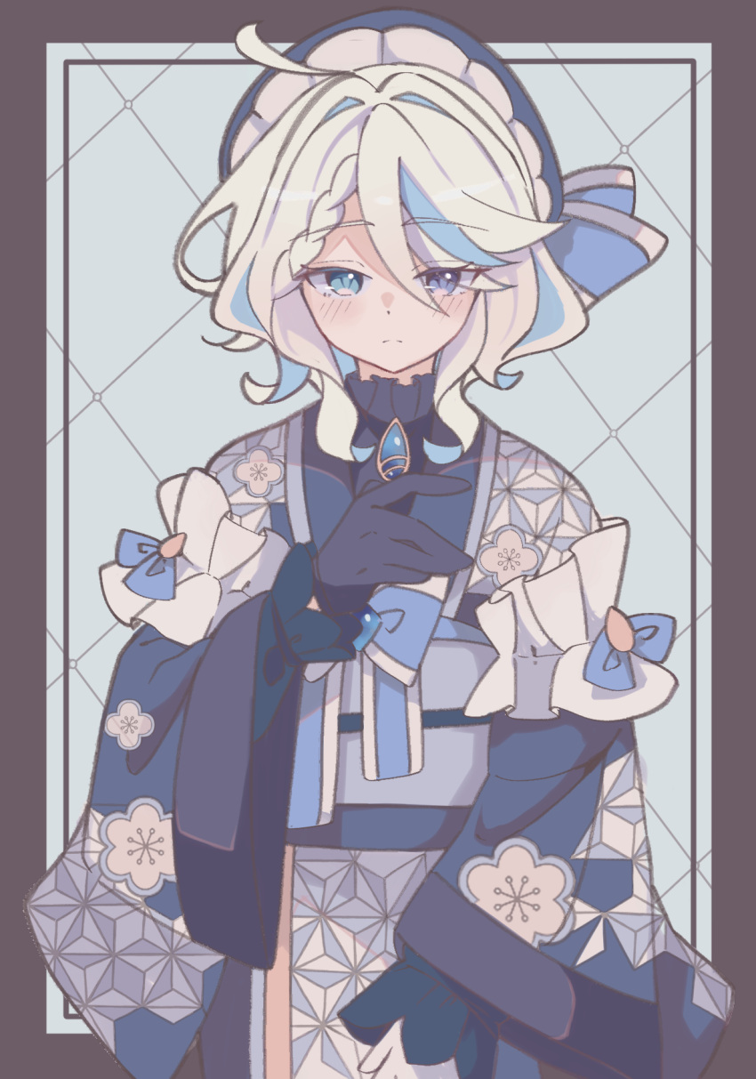 Safebooru - 1girl adapted costume ahoge asymmetrical gloves black gloves blue eyes blue kimono ...