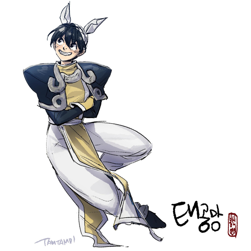 Safebooru - 1boy black hair crossed arms full body grin hair between ...