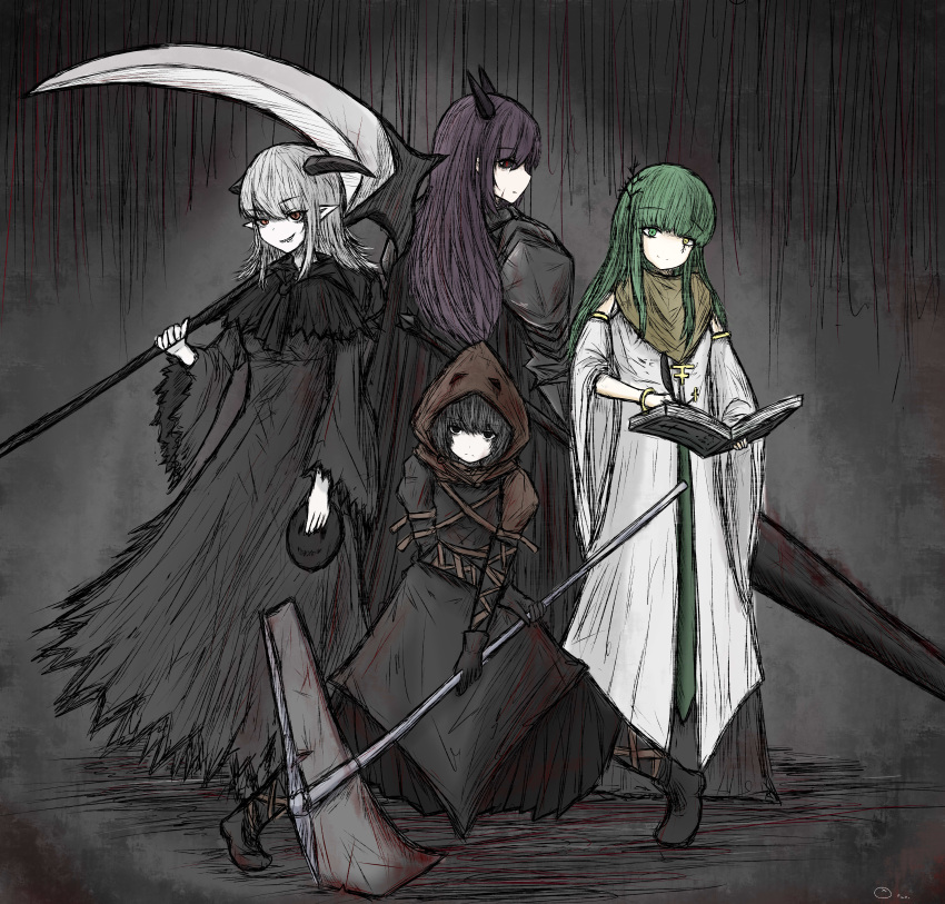 Safebooru - 4girls absurdres axe battle axe black background black hair black robe black souls ...