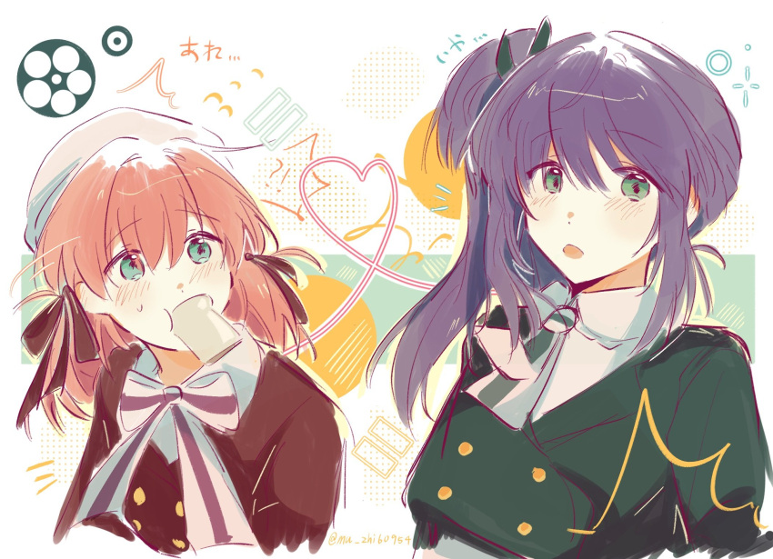 Safebooru - !? 2girls :o abstract background aqua eyes beret black ...