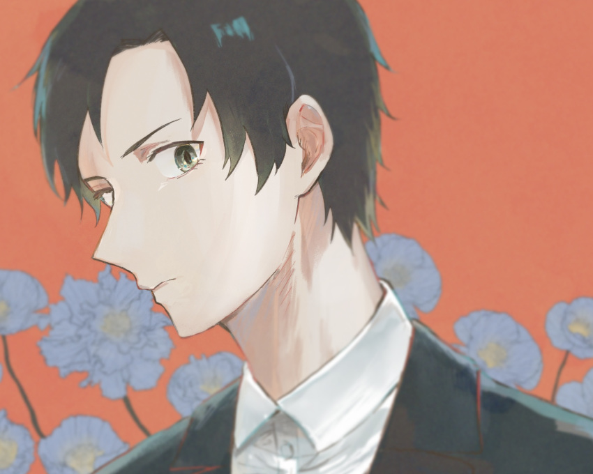 Safebooru - 1boy aged up black hair black jacket blue flower blurry blurry background closed ...