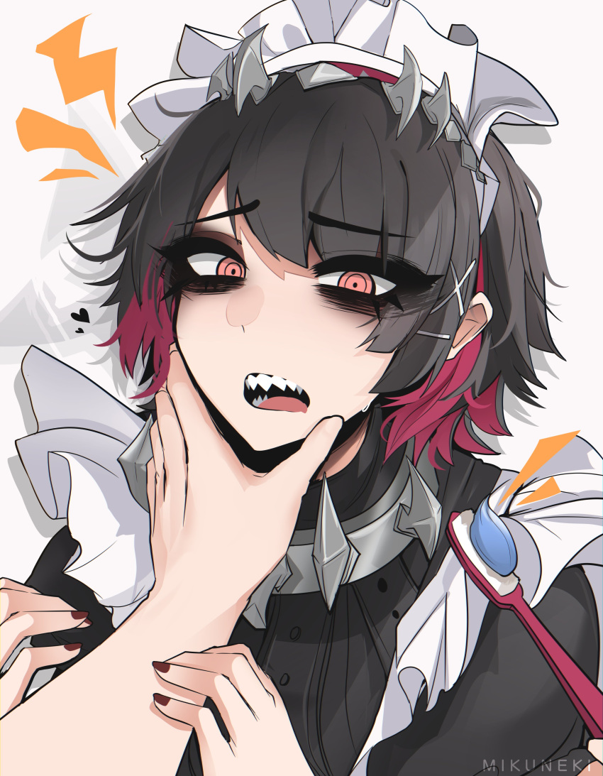 Safebooru - 1girl 1other absurdres artist name black eyeshadow black hair brown nails collar ...