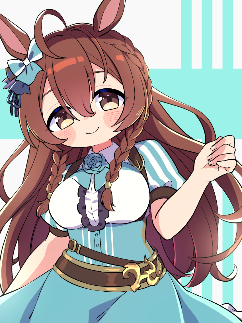 Safebooru - 1girl absurdres blue background braid breasts brown eyes brown hair clenched hand ...