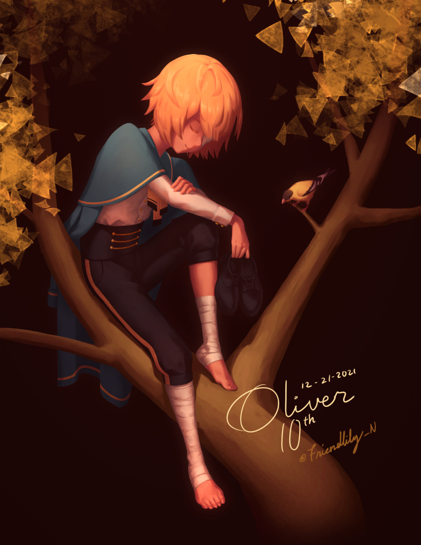 Safebooru - 1boy 2021 absurdres adapted costume bandages barefoot bird black pants blonde hair ...