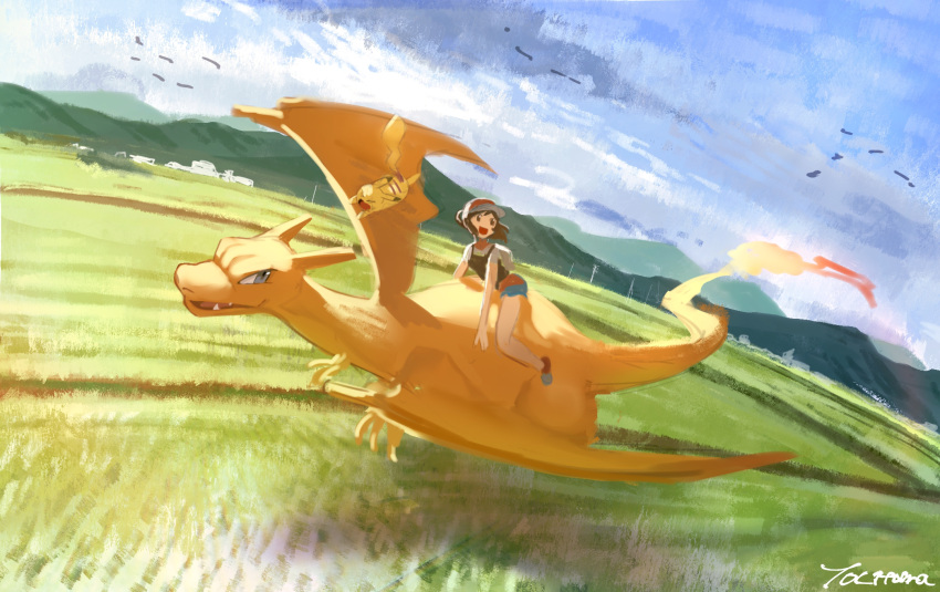 Safebooru - 1girl :d = (9 yawbus) brown hair charizard clouds day ...