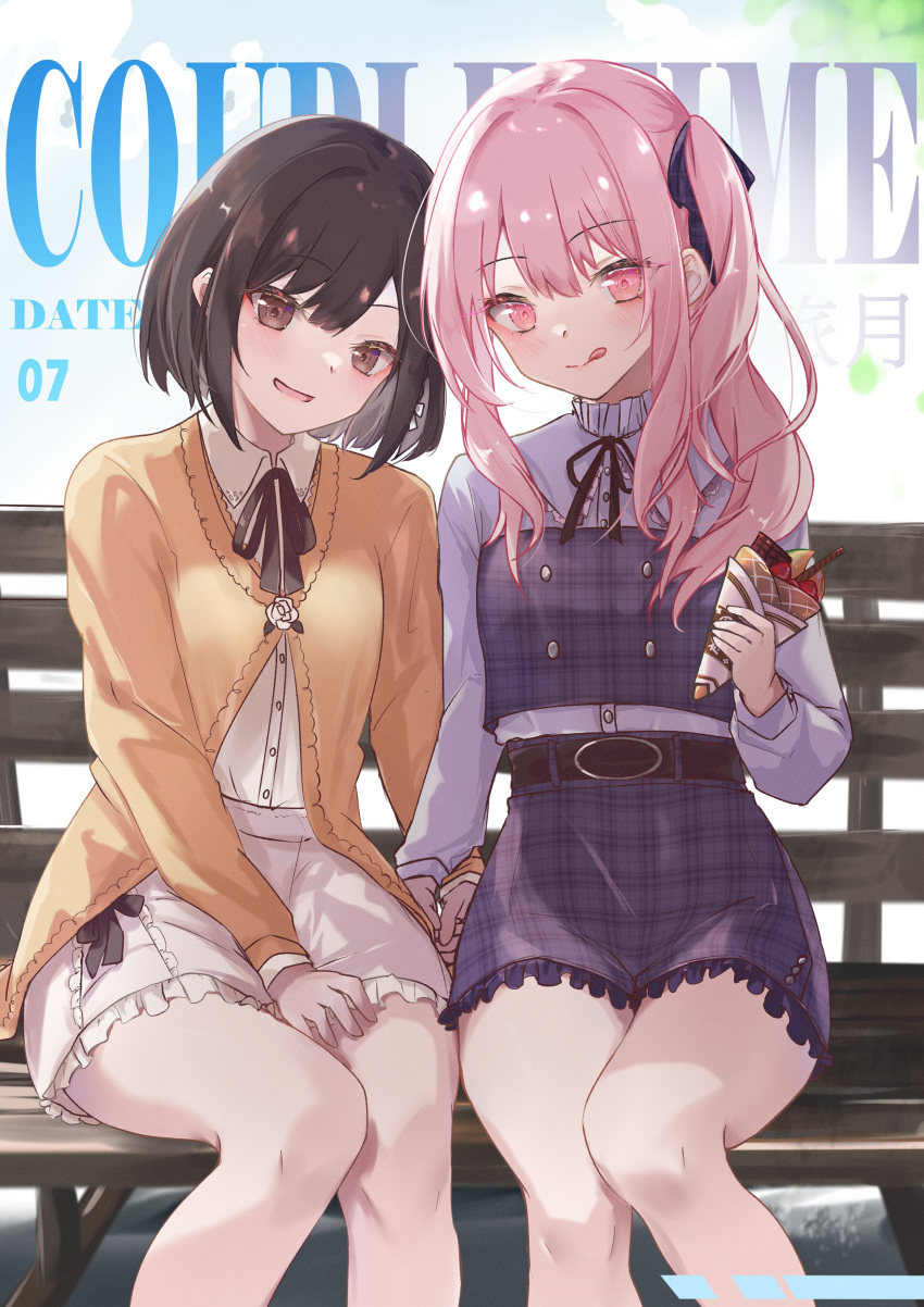 Safebooru - 2girls :d absurdres akiyama mizuki belt bench black hair black ribbon blush brown ...
