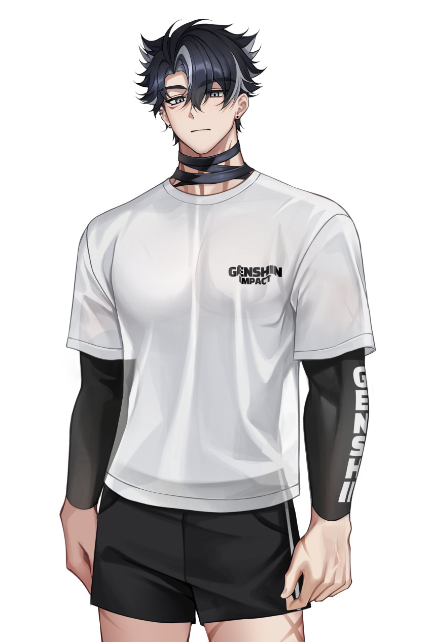 Safebooru - 1boy absurdres bandaged neck bandages black bandages black hair black shorts closed ...