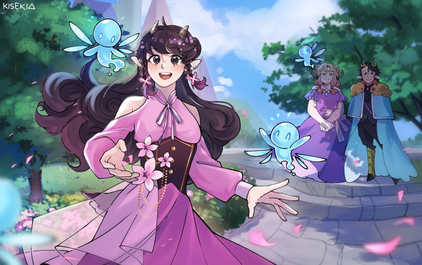 Safebooru - 1boy 2girls allay animal ears brown hair clouds dress ...