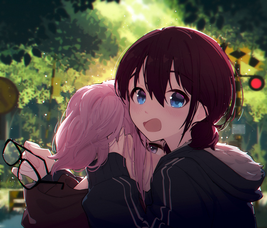 Safebooru - 2girls blue eyes blue jacket blush brown hair chinese commentary commentary request ...
