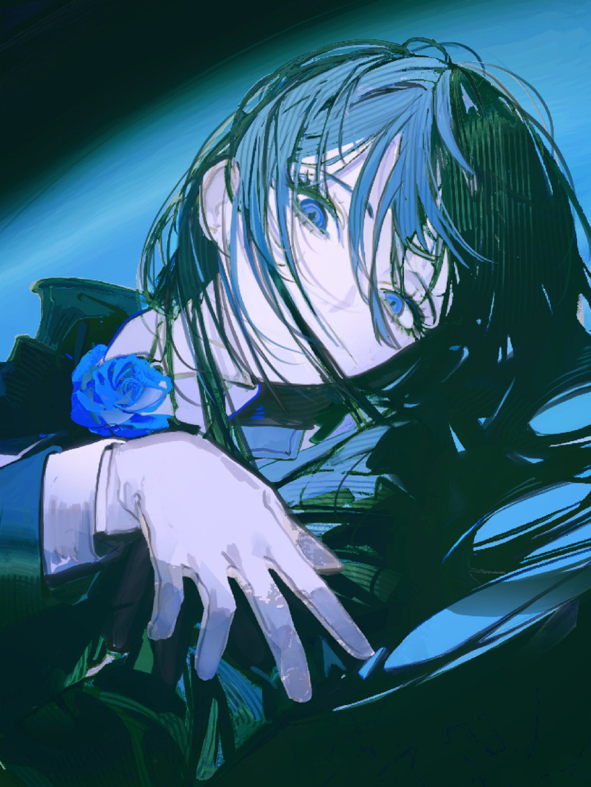 Safebooru - 1girl ado (utaite) black coat black hair blue eyes blue flower blue rose chando (ado ...