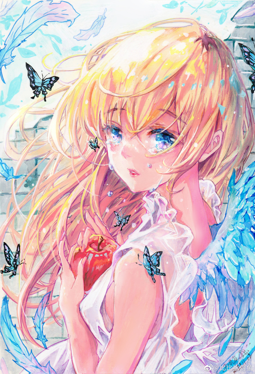 Safebooru - 1girl absurdres acrylic paint (medium) angel wings apple bare arms bare shoulders ...