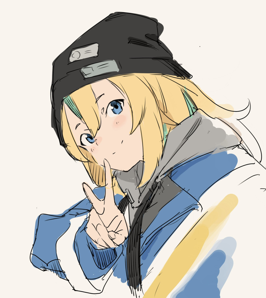 Safebooru - 1girl black beanie blonde hair blue eyes blue jacket commentary green hair grey ...