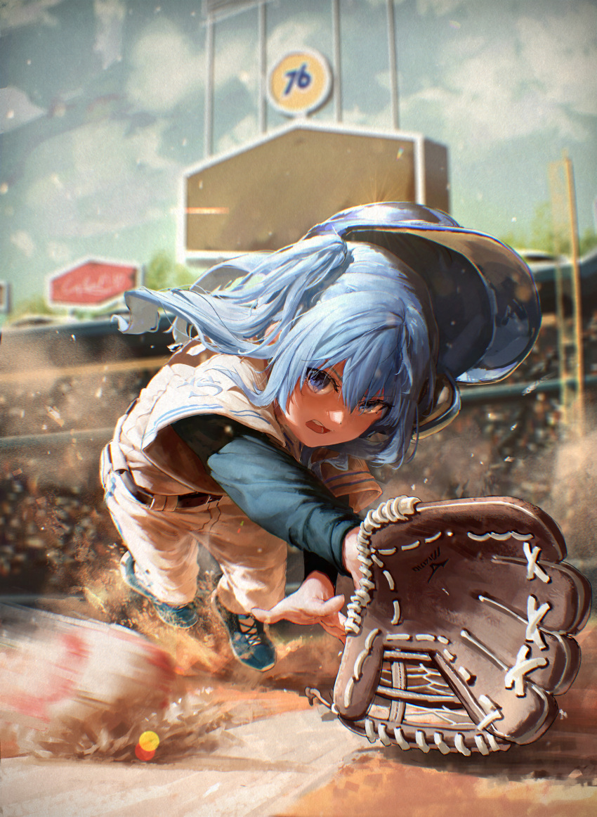 Safebooru - 1girl absurdres baseball cap baseball mitt baseball uniform blue eyes blue hair blue ...