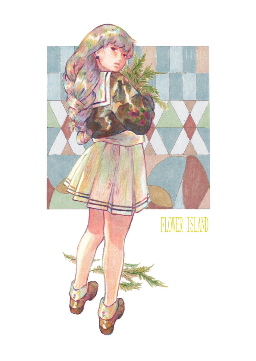 Safebooru - 1girl absurdres ankle socks blunt bangs braid colorful earrings from behind grey ...