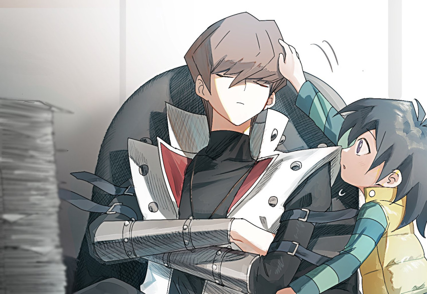 Safebooru - 2boys black hair black shirt blue shirt brothers brown hair ...