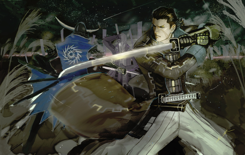 Safebooru - 3boys armor brown eyes brown hair brown jacket cowboy shot ...