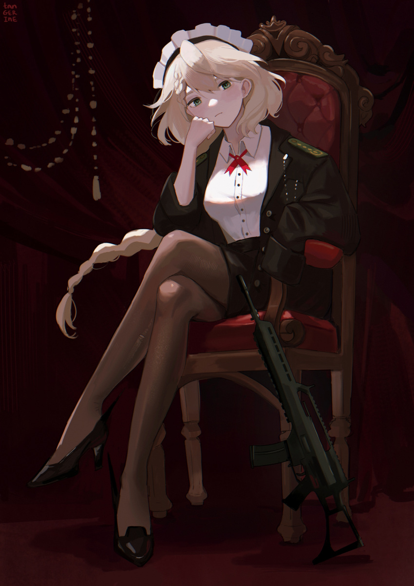Safebooru - 1girl absurdres aqua eyes arm support artist name assault rifle black jacket black ...