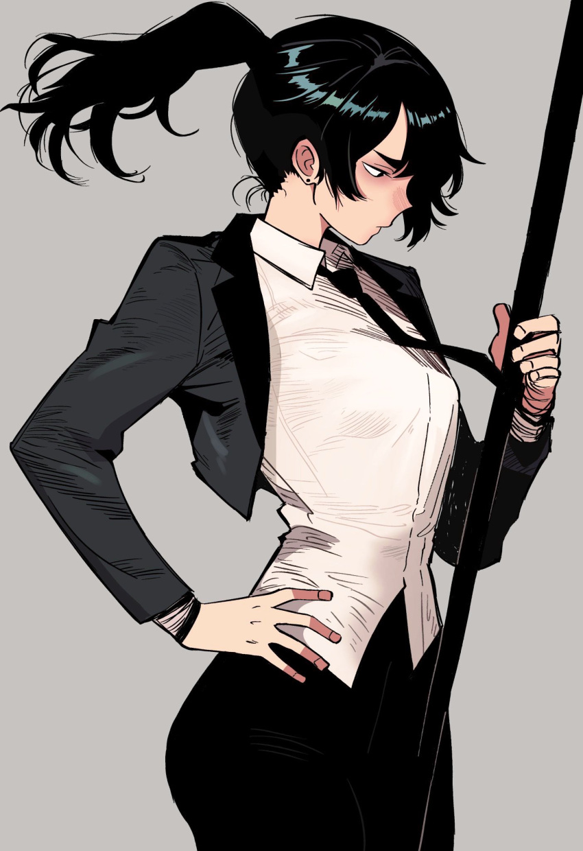 Safebooru - 1girl black eyes black hair black necktie black pants closed mouth collared shirt ...