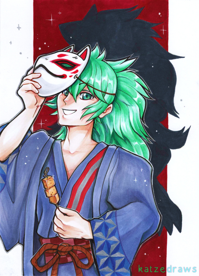 Safebooru - 1boy collarbone fox mask green eyes green hair highres ...