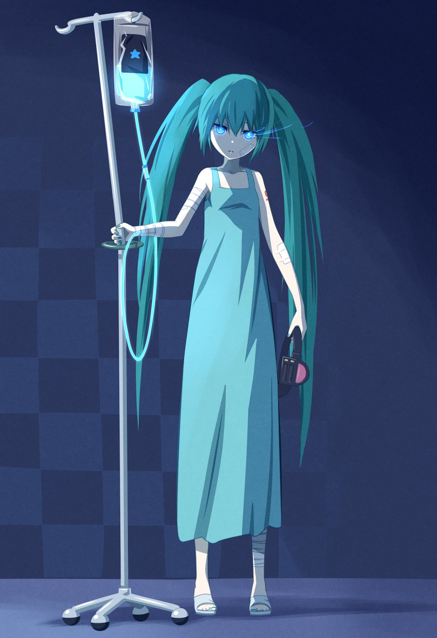 Safebooru - 1girl 32zzz aqua dress aqua hair bandaged arm bandaged leg bandages black rock ...