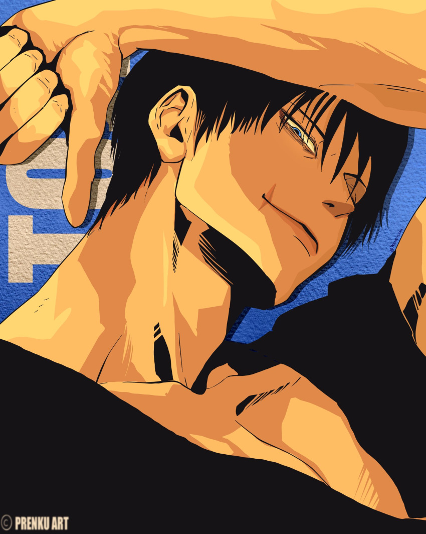 Safebooru - 1boy black hair black shirt blue background blue eyes character name fushiguro touji ...