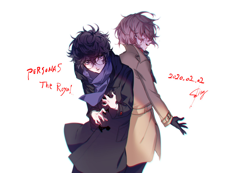 Safebooru - 2boys absurdres akechi gorou amamiya ren back-to-back black coat black gloves black ...