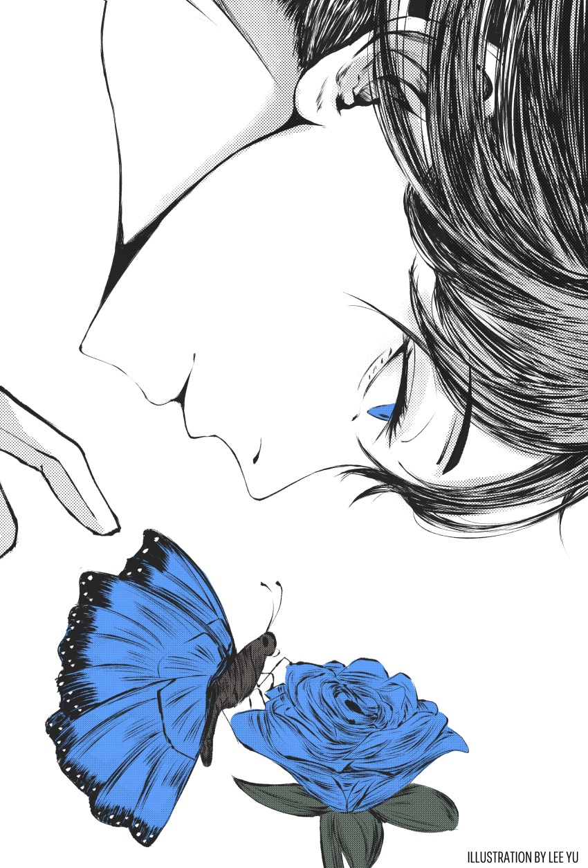 Safebooru - 1girl absurdres ado (utaite) artist name black hair blue eyes blue flower blue rose ...