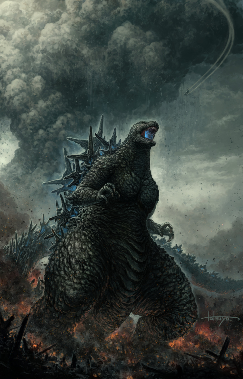Safebooru - black scales claws clouds cloudy sky destruction dust cloud giant giant monster ...