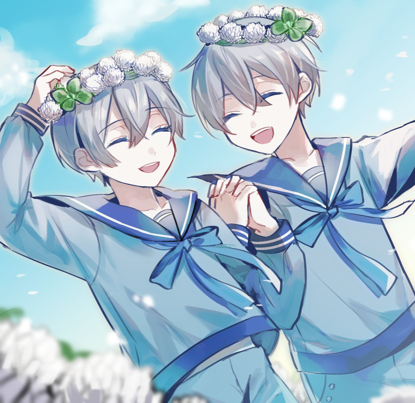 Safebooru - 2boys aged down bishounen blue eyes blue hair blue sailor collar blue shirt blue ...