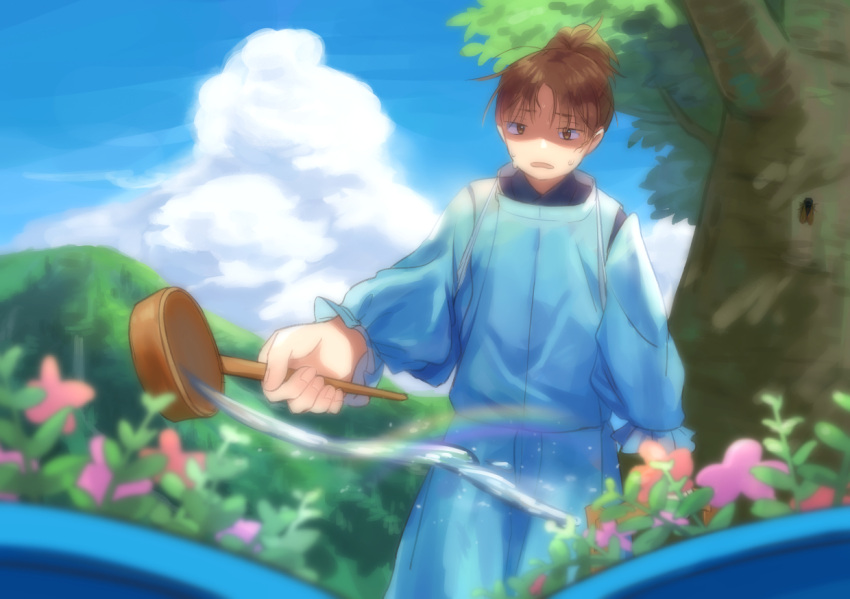 Safebooru - 1boy brown hair bug cicada day flower flower pot hair up ...