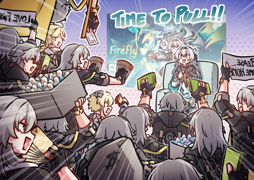 Safebooru - 6+boys 6+girls aether (genshin impact) aqua skirt banknote ...