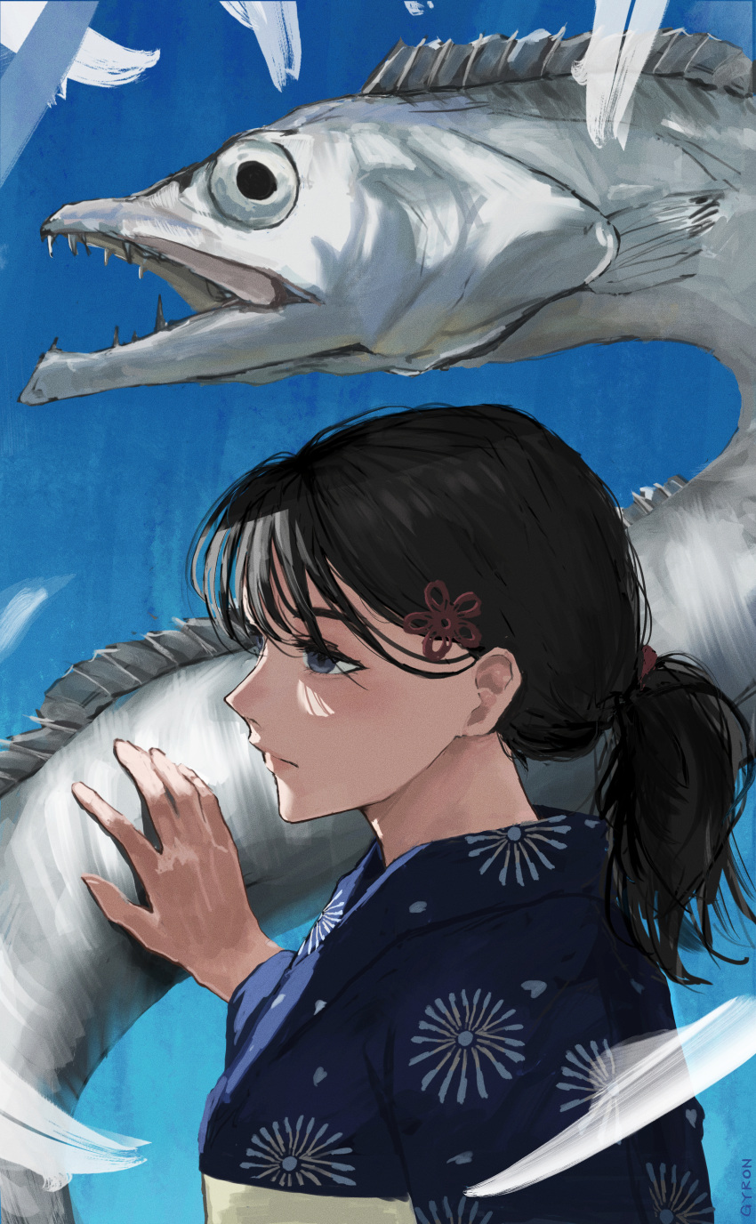 Safebooru - 1girl absurdres armald0 barracuda black eyes black hair blue kimono fish highres ...