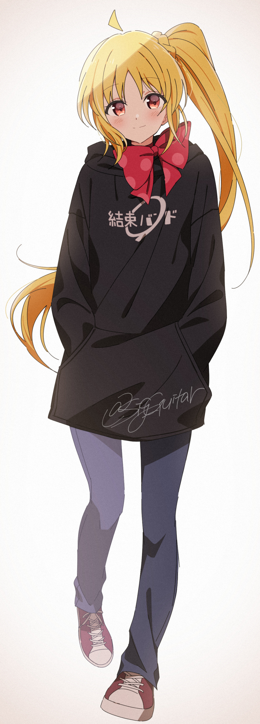 Safebooru - 1girl absurdres ahoge black hoodie blonde hair blue pants bocchi the rock! bow ...