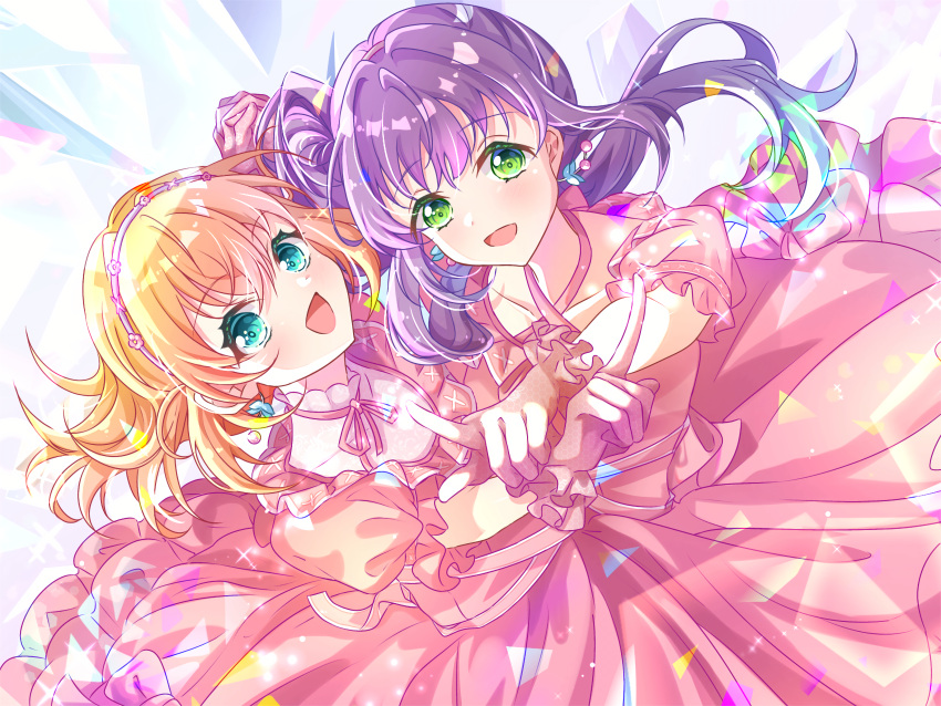 Safebooru - 2girls :d absurdres aqua eyes cerise bouquet commentary request criss-cross halter ...