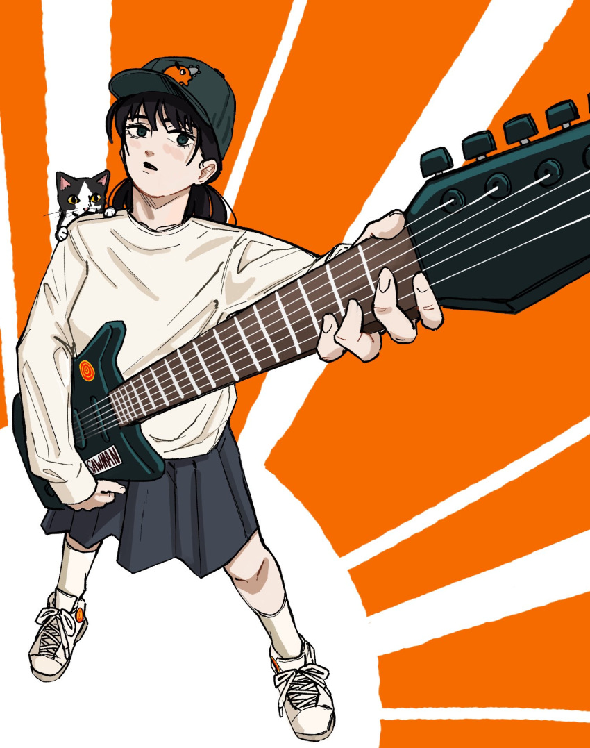 Safebooru - 1girl black baseball cap black hair cat chainsaw man goldenpenhd guitar highres ...