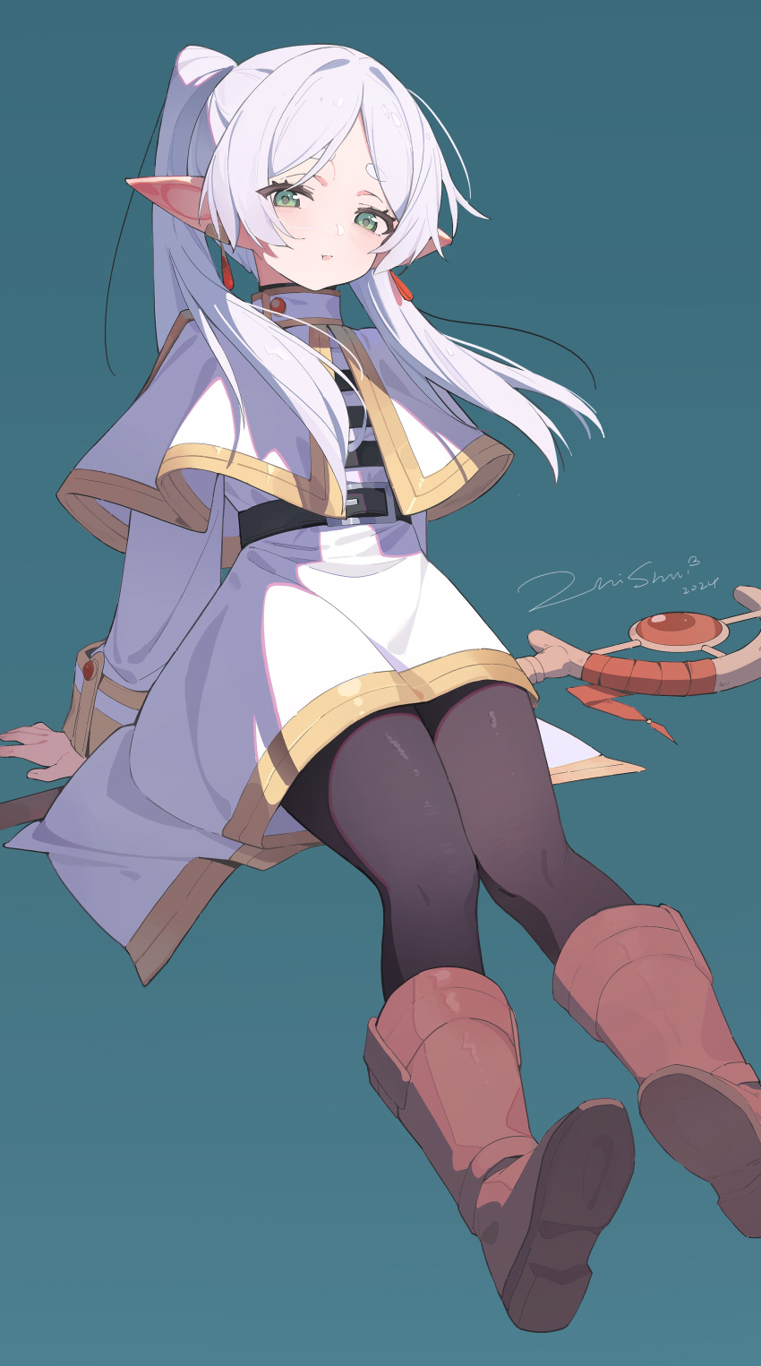 Safebooru - 1girl absurdres aqua background arm support belt black belt black pantyhose black ...