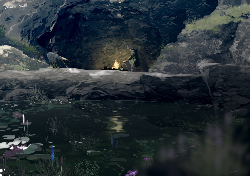 Safebooru - 2boys campfire camping cave final fantasy final fantasy xiv ...