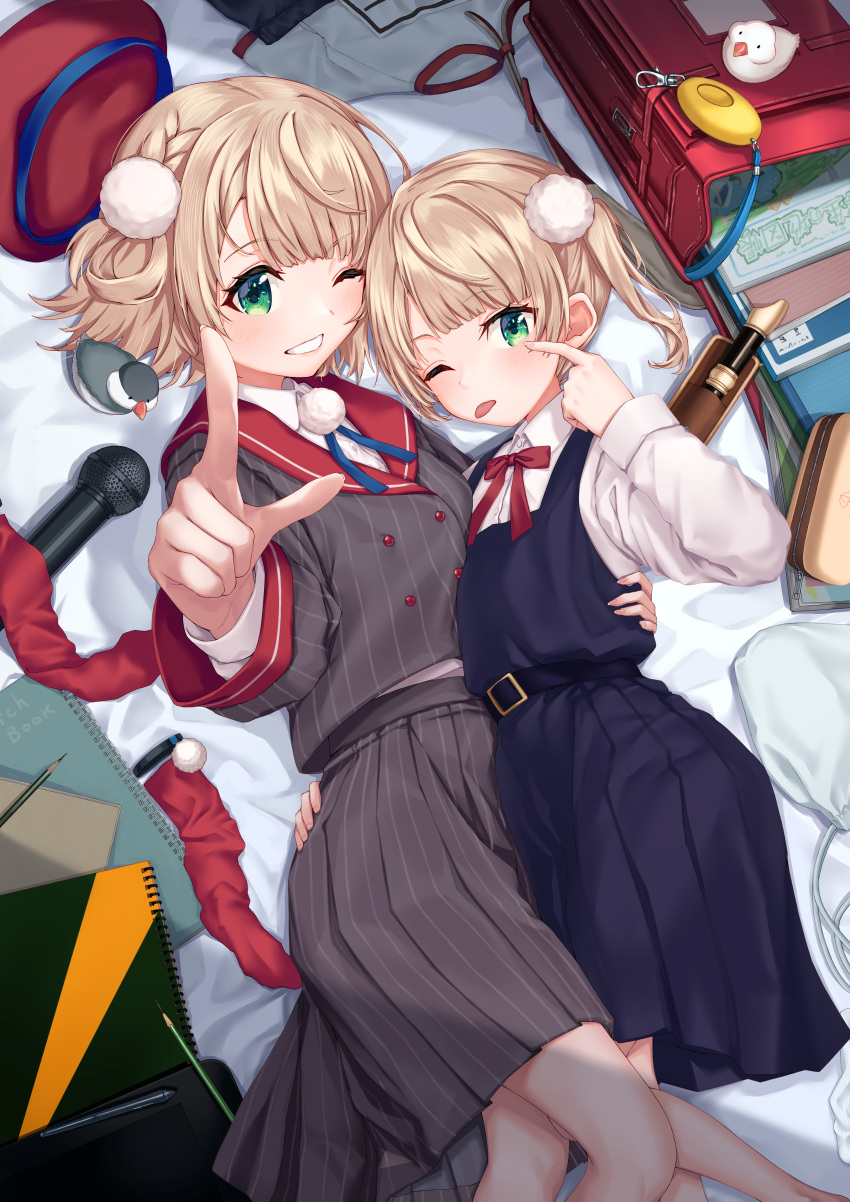 Safebooru - 2girls absurdres aged down akanbe backpack bag belt beret black belt blonde hair ...