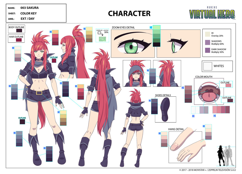 Safebooru - 1girl 2018 black shorts boots closed mouth crop top gloves green eyes hand on own ...