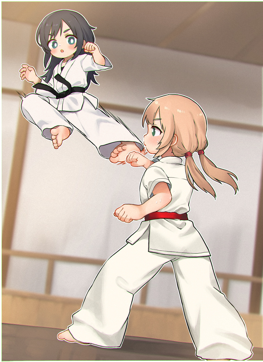 Safebooru - 2girls absurdres barefoot belt black belt black hair brown hair commentary request ...