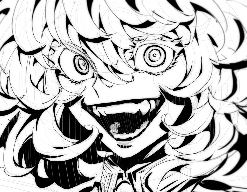 Safebooru - 1girl collared shirt evil grin evil smile fangs greyscale ...