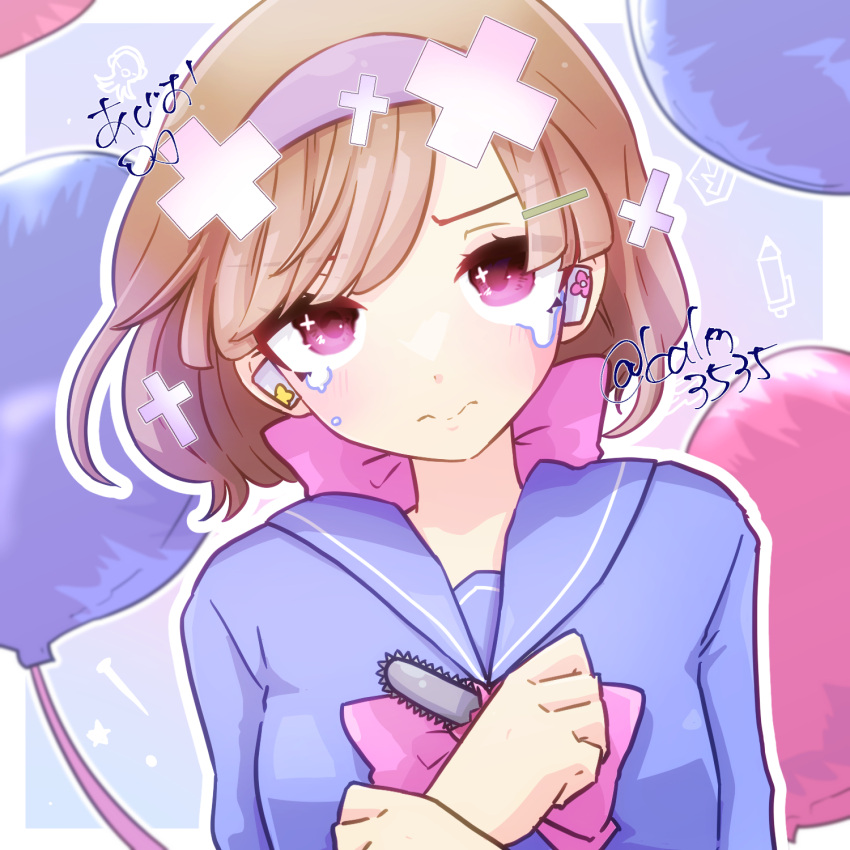 Safebooru - 1girl alternate eye color balloon bow bowtie brown hair ...