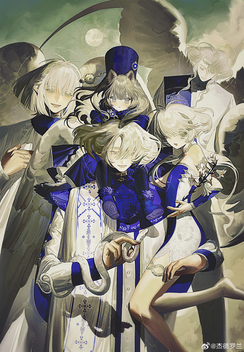 Safebooru - 2girls 4boys absurdres angel wings animal ears arm snake ...