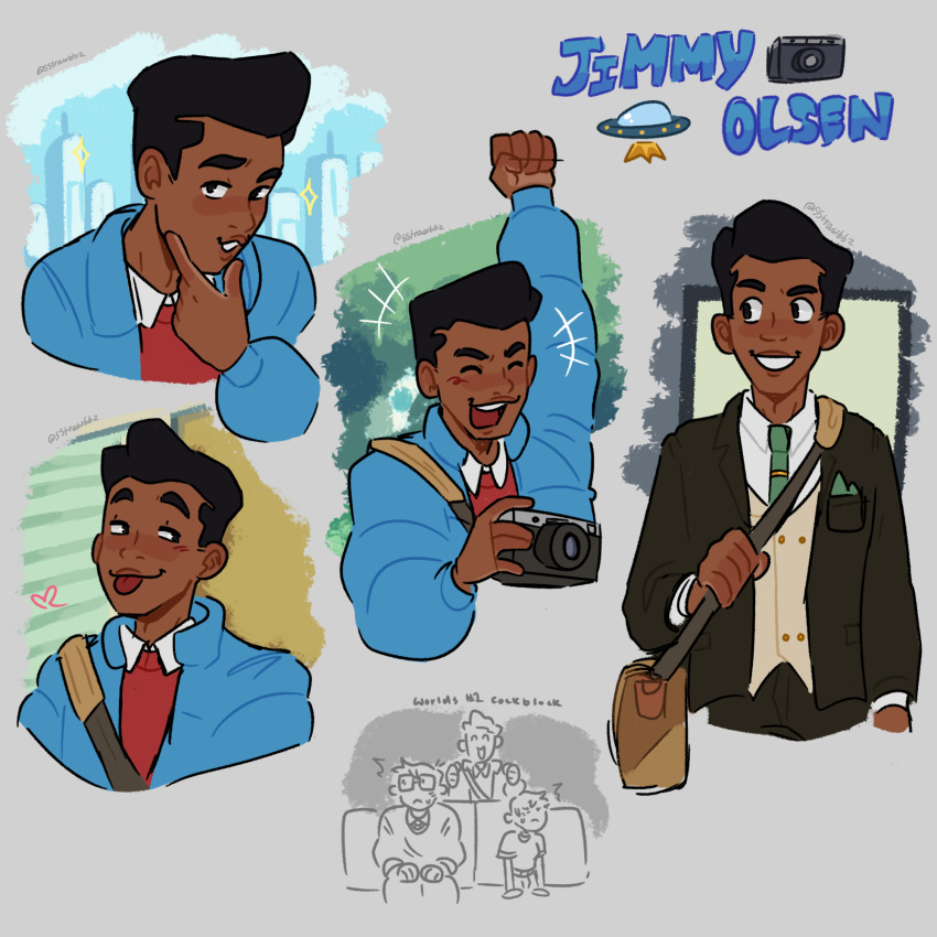 Safebooru - 1girl 2boys arm up black hair black suit blue jacket breast ...