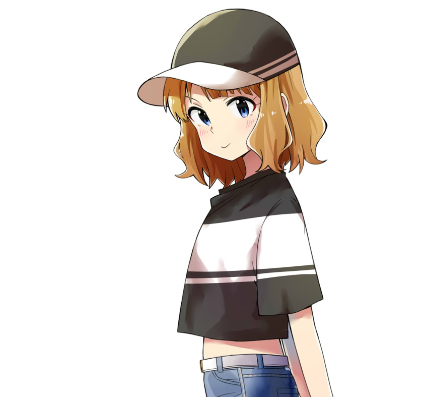Safebooru - 1girl arms behind back baseball cap belt billbung blue eyes blush brown hair denim ...