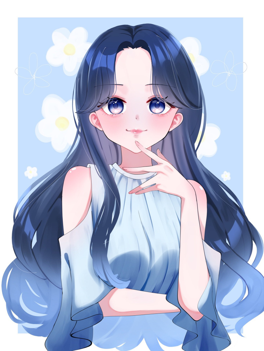 Safebooru - 1girl black hair blue dress blue eyes blush breasts closed mouth dress forehead ...