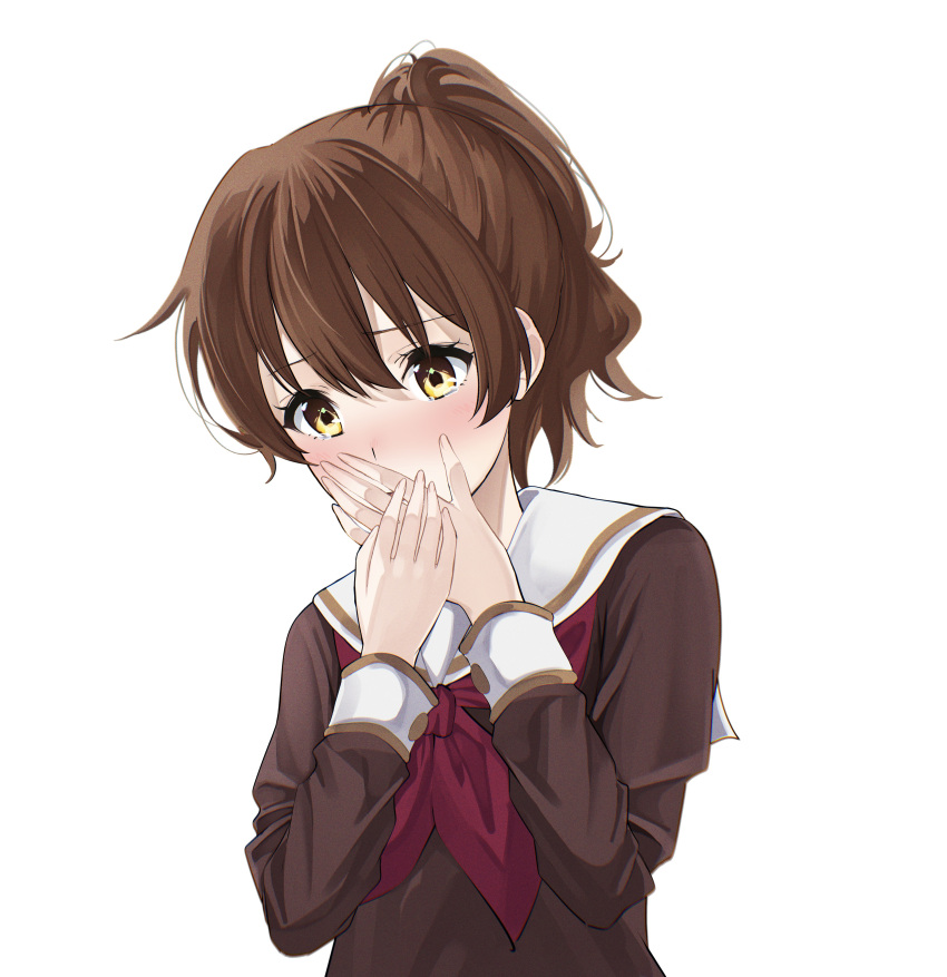 Safebooru - 1girl absurdres akane (tgixb) brown hair covering own mouth embarrassed hibike ...