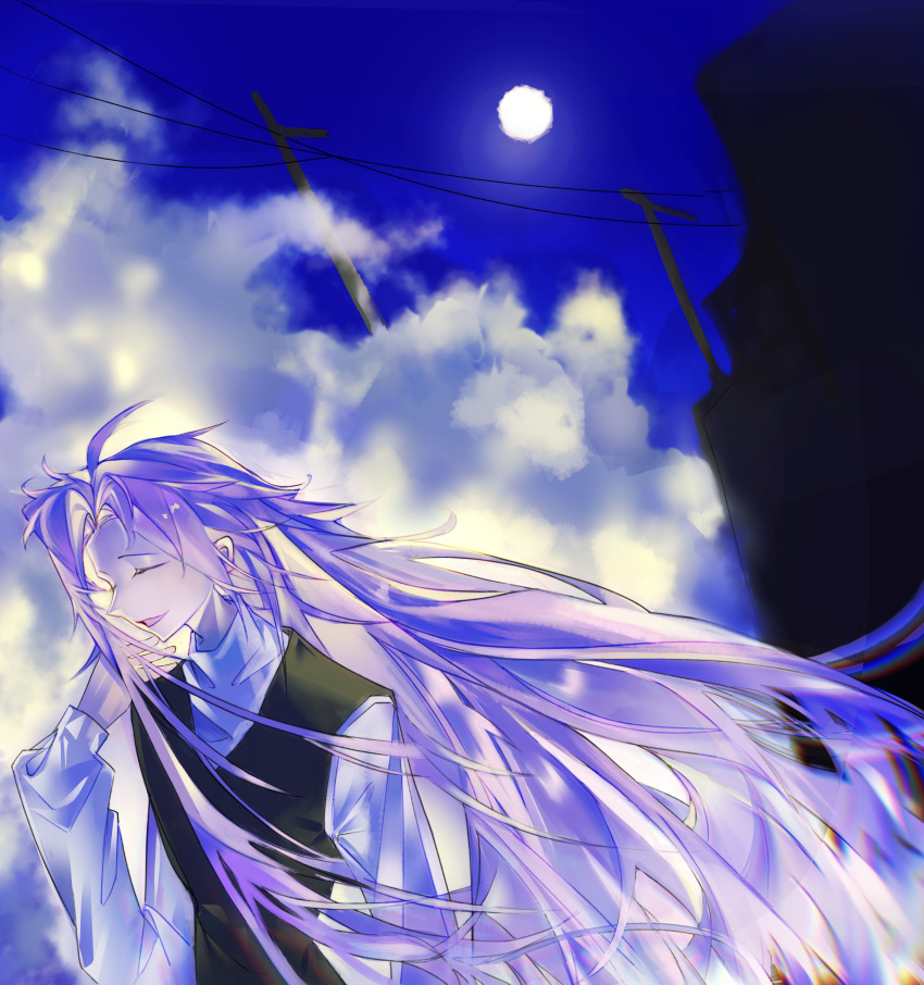 Safebooru - 1boy absurdres ahoge black vest blue sky chinese commentary closed eyes clouds ...