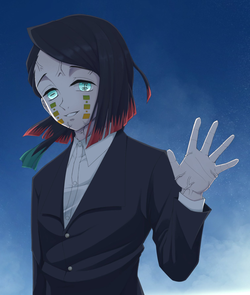 Safebooru - 1boy aqua eyes balcony black jacket blue background ...